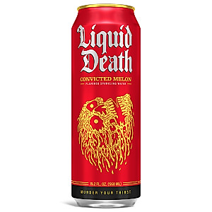 Liquid Death, Convicted Melon Sparkling Water, Watermelon Flavored Sparkling Beverage Sweetened With Real Agave, Low Calorie & Low Sugar, 8-Pack (King Size 19.2oz Cans)
