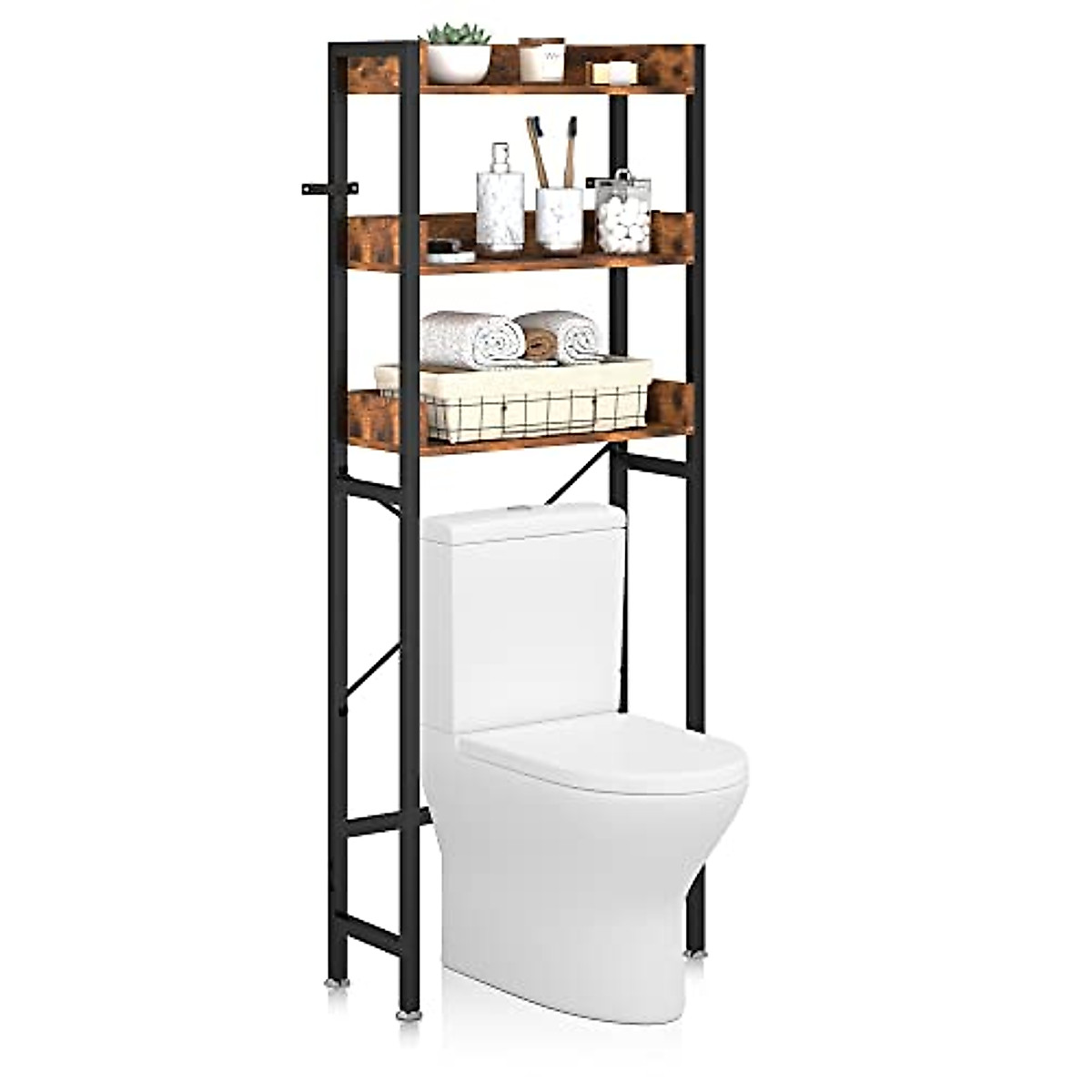 NicQliear Over The Toilet Storage Rack - 3-Tier Bathroom Organizer Shelf Over Toilet - Bathroom Space Saver Above The Toilet with 2 Hooks and 1 Toilet Paper Storage - Rustic Brown