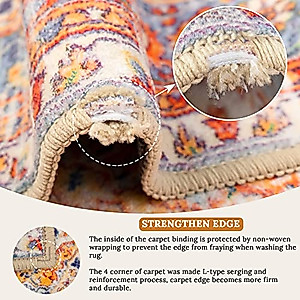 MUJOO Machine Washable Rugs 3x5 Boho Area Rug Small Area Rugs Non Slip for Entryway Bedroom Bedside Kitchen Hallway Living Room Laundry Room Persian Indoor Mat Soft Low-Pile Burnt Orange and Blue