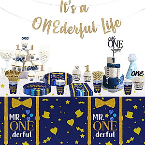 APOWBLS Mr Onederful Birthday Tablecloth Decorations Boy - Disposable Onederful 1st Birthday Party Supplies Table Cover, Baby Boy First Birthday Decorations Table Cloth - 2 Pack (54in x 108in)