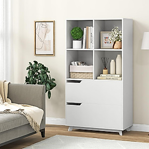 Giantex 51" Tall Bookcase with 2 Drawers, 4-Tier Open Bookshelf with 4 Storage Cubes, Modern Display Shelf with Anti-Toppling Devices, Freestanding Wooden Storage Shelf for Home Office, White
