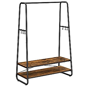 VASAGLE Clothes Rack, Clothing Rack for Hanging Clothes, Garment Rack with 2 Shelves, 6 S-Shaped Hooks, Steel Frame, for Bedroom, Rustic Brown and Black URGR112B01