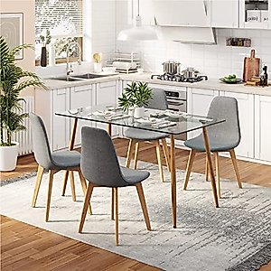 Giantex 5-Piece Dining Room Table Set, Multifunctional Kitchen Dinette Set of 5, 51" L X 27.5" W Table & Chair Set for 5, Rectangular Glass Dining Table & 4 Linen Chairs for Living Room