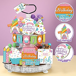 14 Pieces Birthday Tiered Tray Decor Farmhouse Happy Birthday Desk Decorations Wooden Wishes Cupcake Decor Table Sign for Party Supplies