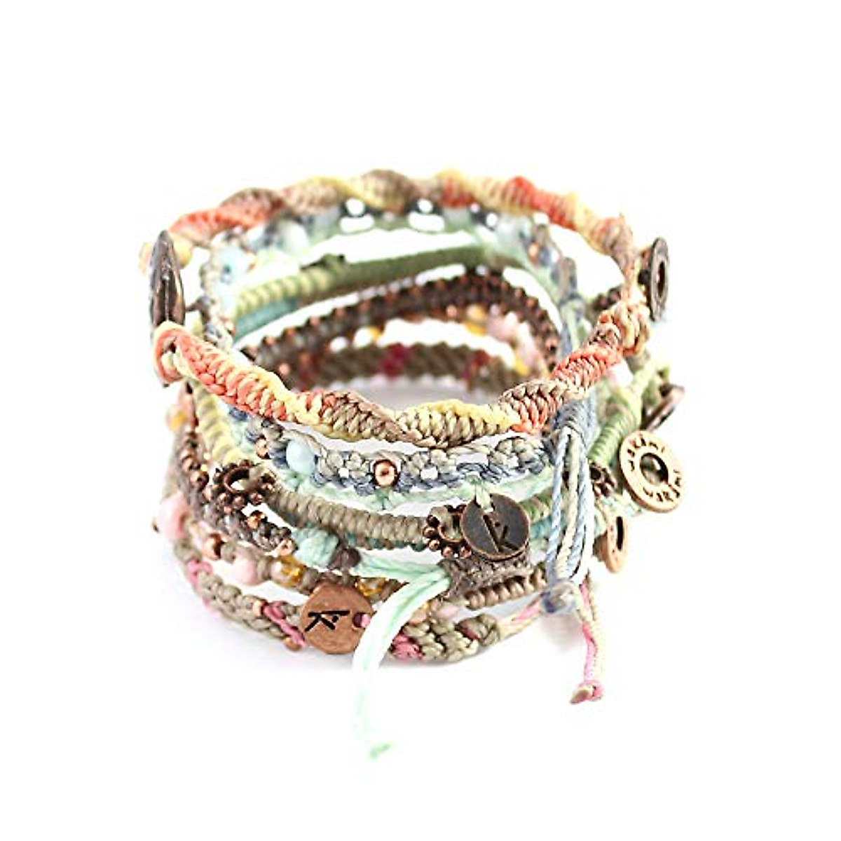 Wakami Earth Handmade Boho Bracelets Set of 7 | Braided Indie Bracelets for Women and Men | Beaded, Stackable, Handmade by Artisans, Waterproof Waxed Thread | DAY