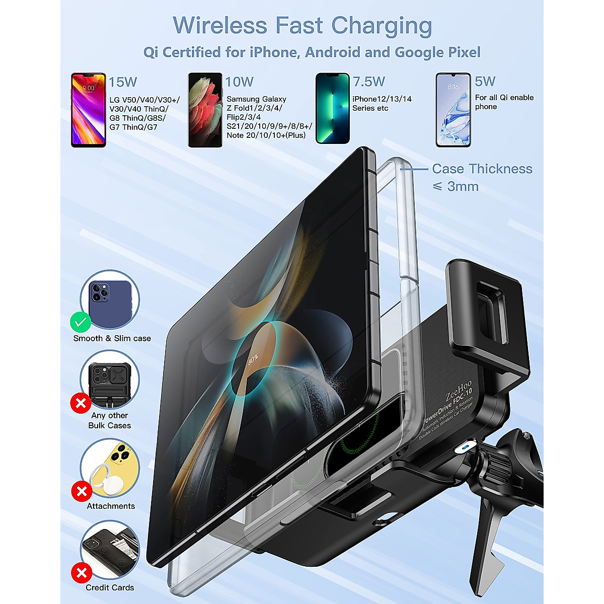 [Dual Coils] Wireless Car Charger, ZeeHoo 15W Fast Charging Auto-Clamping Car Mount, Qi Air Vent Phone Holder for Samsung Galaxy Z Fold/Flip 4 3 5G/S22/S21,iPhone 14 13 Pro Max, Google Pixel 6 Pro