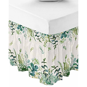 Green Eucalyptus Leaves Bed Skirt Cal King Size 18 Inch Drop,Adjustable Elastic Wrap Around Bed Skirts Dust Ruffles for Twin Full Queen Cal King Bed,Flower Watercolor Floral Spring Botanical Plant