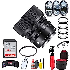 Sigma 45mm f/2.8 DG DN Contemporary Lens for Sony E + 64GB Sandisk Ultra SD Card (Deluxe Bundle) with Accessories