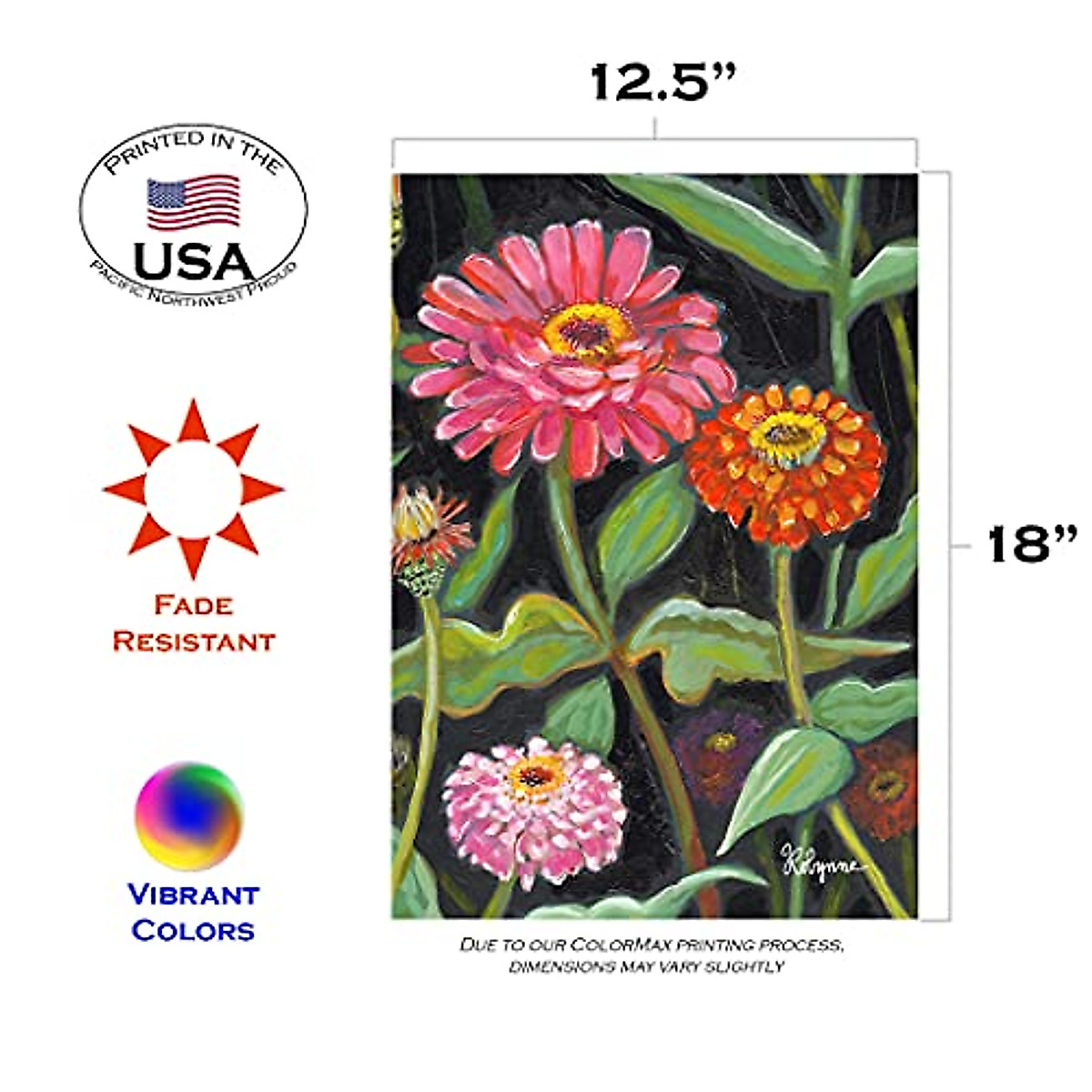 Toland Home Garden 1112500 Zinnias On Black 12.5 x 18 Inch Decorative, Garden Flag (12.5" x 18")