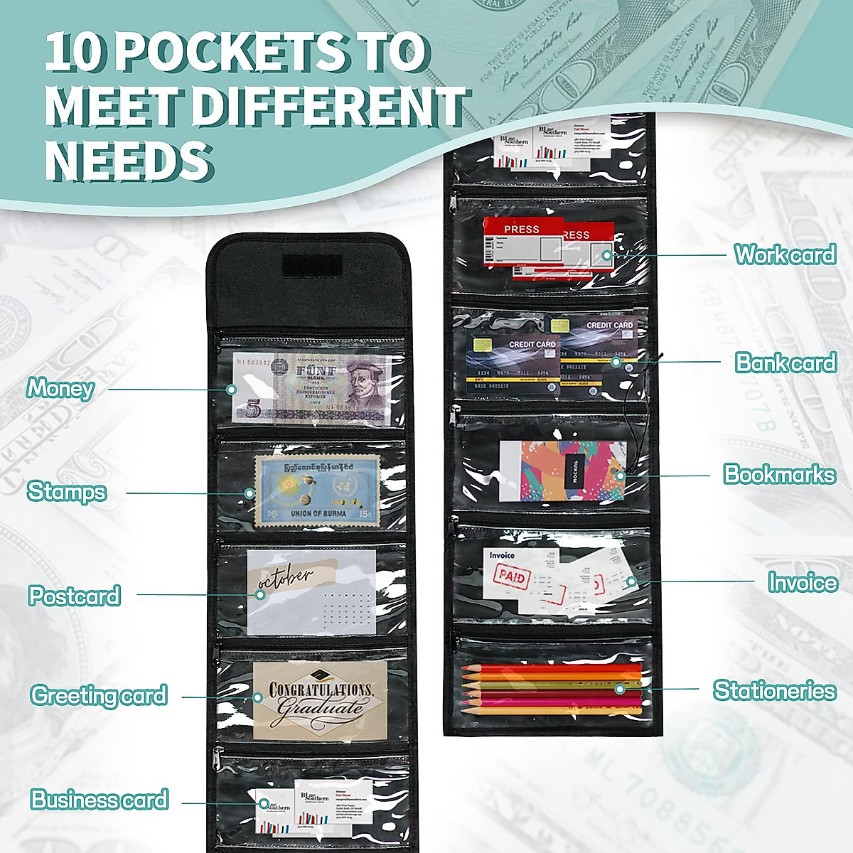 DSVENROLY Money Organizer Cash Wallet with 10 Zipper Slots Money Holder Budget Wallet, Discreet Money Bag for Receipts Coupons Tips (1Pc, Black)