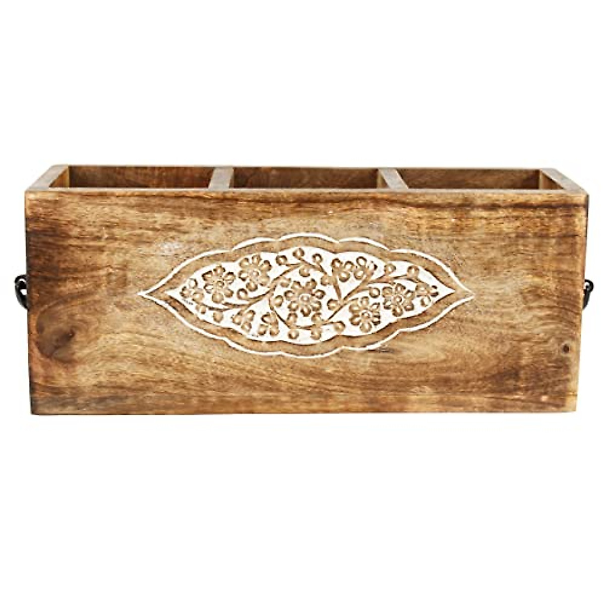 Mother's Day Gifts Hand Carved Wooden Kitchen Utensil Holder With 3 Compartments Wood Utensil Organizer for Cutlery, Napkins, Cups Caddy Organizer | 12 X 4 X 5 Inch