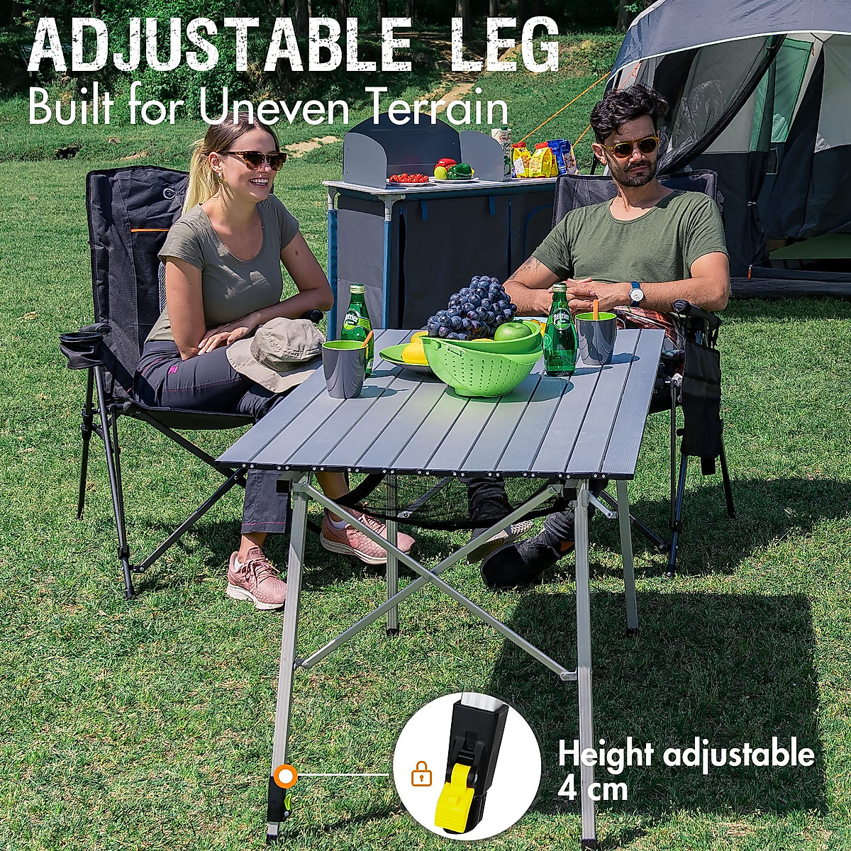 PORTAL Portable Camping Table Aluminum Folding Camp Table Roll Up Table with 1 Adjustable Leg, Mesh Layer and Carry Bag for Outdoor, Picnic, Grill, Kitchen, Silver, Large Space (47.2 x 27.6 inch)
