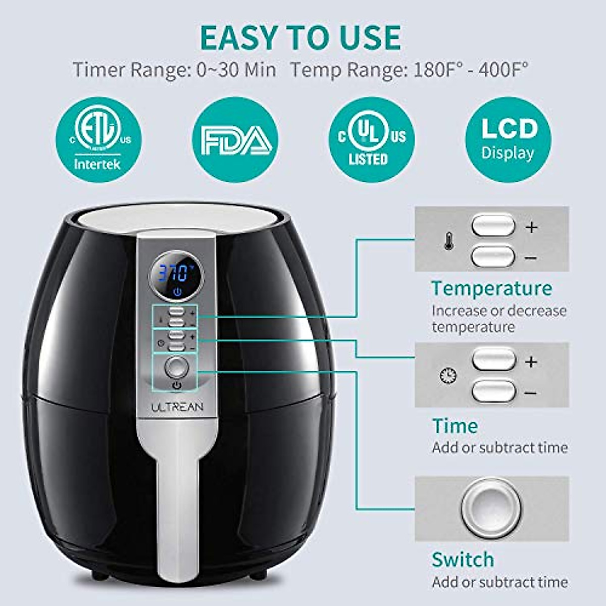 Ultrean Air Fryer, 4.2 Quart (4 Liter) Electric Hot Airfryer Oven Oilless Cooker with LCD Digital Screen and Nonstick Frying Pot, UL Certified, 1-Year Warranty, 1500W (Black)