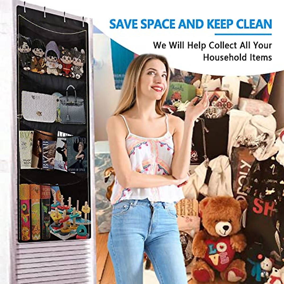 Stuffed Animal Storage with LED Light, Over the Door Hanging Stuffed Animal Holder with 5 Meters LED Fairy String, 4 Large Pockets for Stuffed Animal Storage Ideas, Nursery, Bedroom, Kids Room