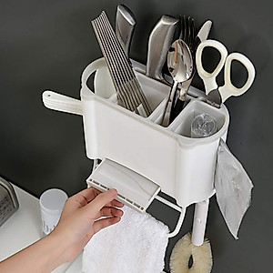 CHERISH Kitchen Multifunctional Wall Storage Rack, Adhesive Wall Mount Cutlery Knife Holder Hanger, Kitchen Cooking Utensil Holder Caddy with Phone Holder and 4 Hooks, Spoon and Fork Holder Rack