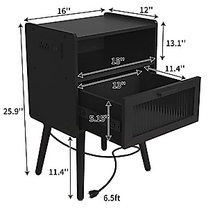 SOOWERY Mid Century Modern Nightstand with Charging Station, Bedside Tables with Glass Drawer, End Table Side Table with 2 Tiers Storage Space, for Bedroom, Living Room, Black