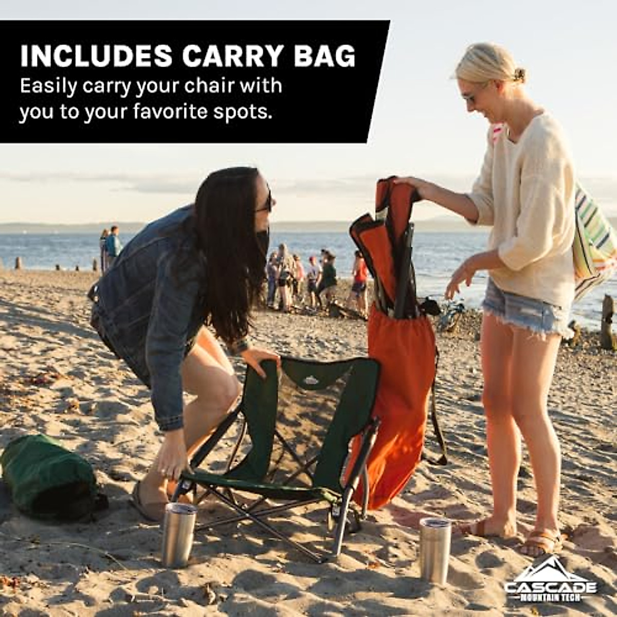 Cascade Mountain Tech Camping Chair - Low Profile Folding Chair for Camping, Beach, Picnic, Barbeques, Sporting Event with Carry Bag, Polyester, Green