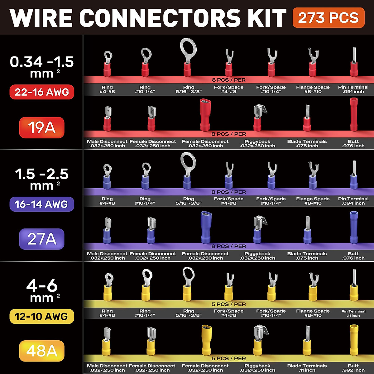 SOMELINE® Wire Terminals Crimping Tool, with 39 Sizes Insulated Ratcheting Terminals Crimper Kit of AWG 22-10 Insulated Electrical Butt Bullet Spade Fork Ring Spade Splice Crimp Terminals