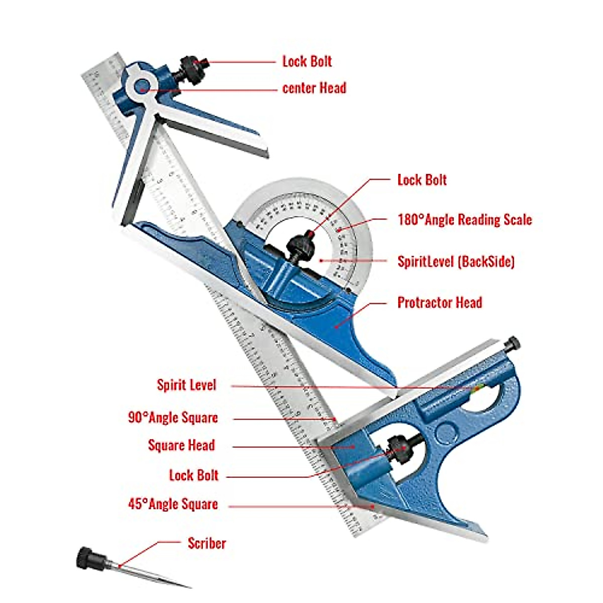 NTSUMI 12 Inch 4 Combination Square Ruler Set Protractor Satin, 4-R Graduation, Blue