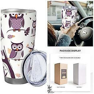 Owl Tree Branches Tumbler with Lid and Straw 20oz Stainless Steel Car Cup for Hot and Cold Drinks, Double Wall Insulated Travel Coffee Mug Reusable Drink Thermos Cup Birthday Gifts