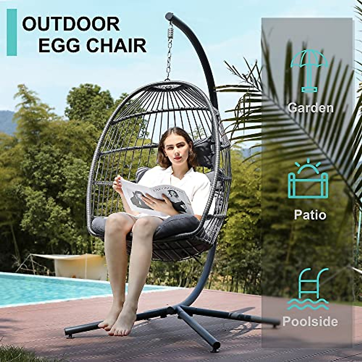 SWITTE Hanging Egg Chair with Stand, Egg Swing Hammock Chair with Stand, Indoor Outdoor Wicker Egg Chair with Cushion Headrest for Patio Bedroom Porch Garden, 350LBS Capacity(Dark Grey)
