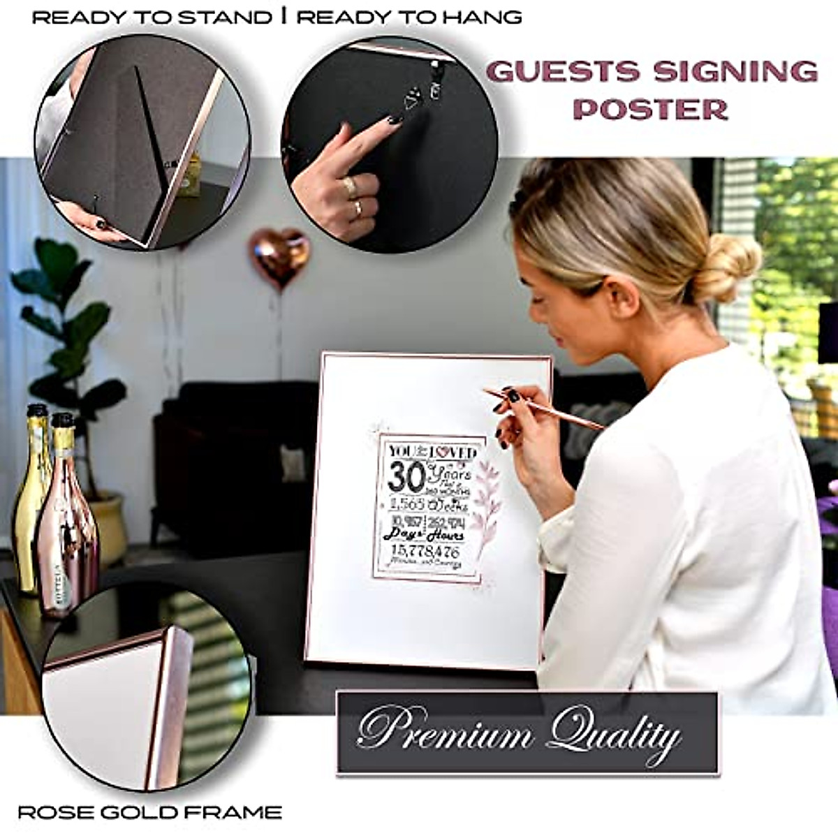 DOUBLESHOOT Framed Rose Gold 30th Birthday Decorations Sign Poster for Women - 30 Birthday Gift 12"x16" Guest Party Favors Book Alternative – with Pen & Wall Hanger – Great 30 Years Old Gifts for Her