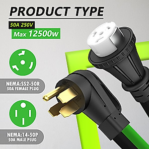 RVVIN 50 Amp 25 Feet RV Extension Cord, 14-50P to SS2-50R Heavy Duty STW Generator Extension Cord for RV Camper and Generator to House, with Locking Connector, ETL Listed (Black&Green)