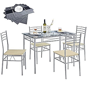 VECELO Kitchen Dining Room Table and Chairs 4, 5-Piece Dinette Sets, Space Saving (Silver), Silvery