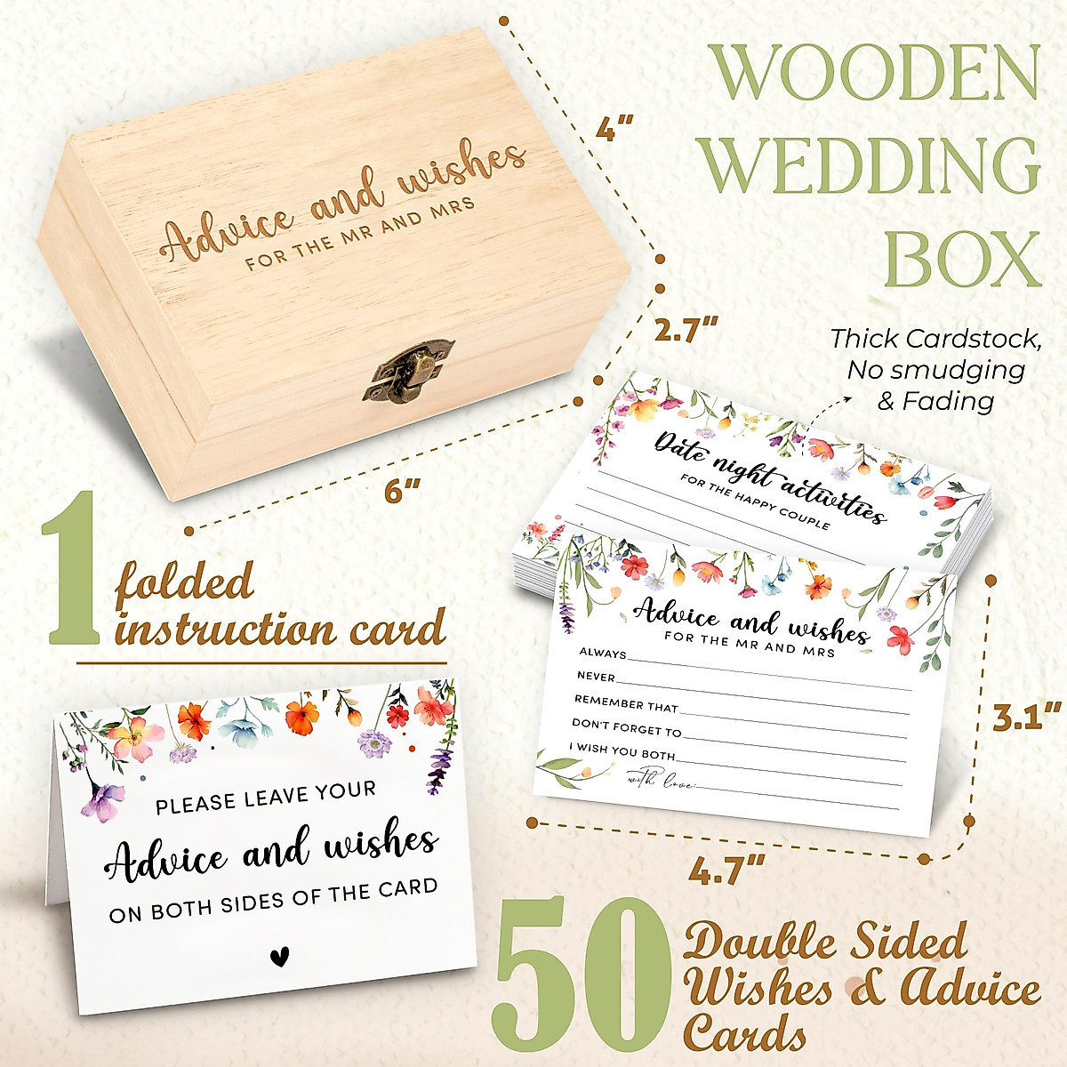 STOFINITY Advice and Wishes for The Mr and Mrs - 50 Pcs Floral Wedding Advice Cards Box, Flower Bridal Shower Advice and Wishes Cards for Bride And Groom, Wildflower Bridal Shower Decorations