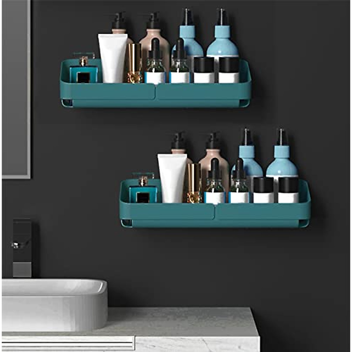 Fineget Plastic Shower Caddy Basket Shelf Large Adhesive Shower Shelves for Wall Bathroom Kitchen Bathtub Rustproof No Drilling Space Saving Shower Storage Organizer Deep Green 2 Pack