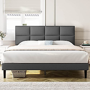 Molblly Queen Bed Frame Upholstered Platform with Headboard, Strong Frame and Wooden Slats Support, Linen Fabric Wrap, Non-Slip and Noise-Free,No Box Spring Needed, Easy Assembly, Dark Grey