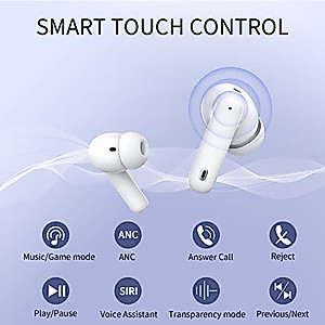 Jicjocy Wireless Earbuds Bluetooth Active Noise Cancelling Earbuds, Hi-Fi Stereo Bluetooth Headphones with Charging Case, Waterproof in-Ear Earphones with Mic for iPhone/Android (White)