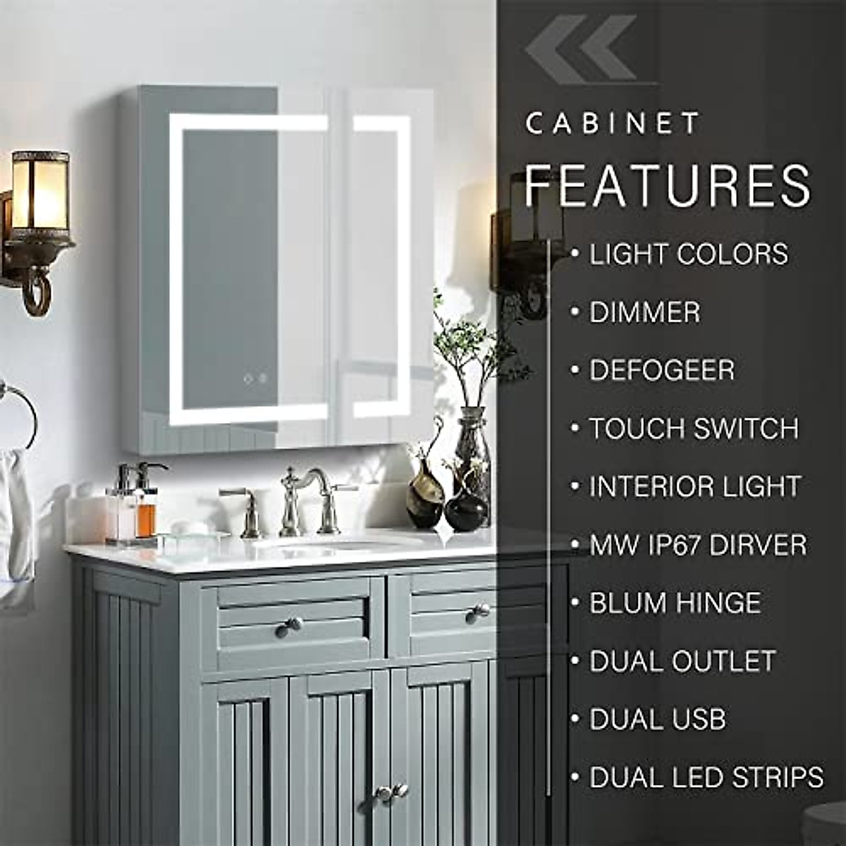 WELLFOR Lighted Mirrored Cabinet with Defogger, Dimmer, Outlets & USB Ports, Wall Mounted Bathroom Medicine Cabinet, Bathroom Makeup Mirror, Recessed or Surface, Double Opening Doors, 30" X 30"