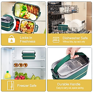 JUBOSYCZ Stainless Steel Bento Box for Adults&Kids,Japanese Leakproof Lunch Box Divided Food Meal Storage Containers Set Stackable 2 Layer for Children School Picnic Green