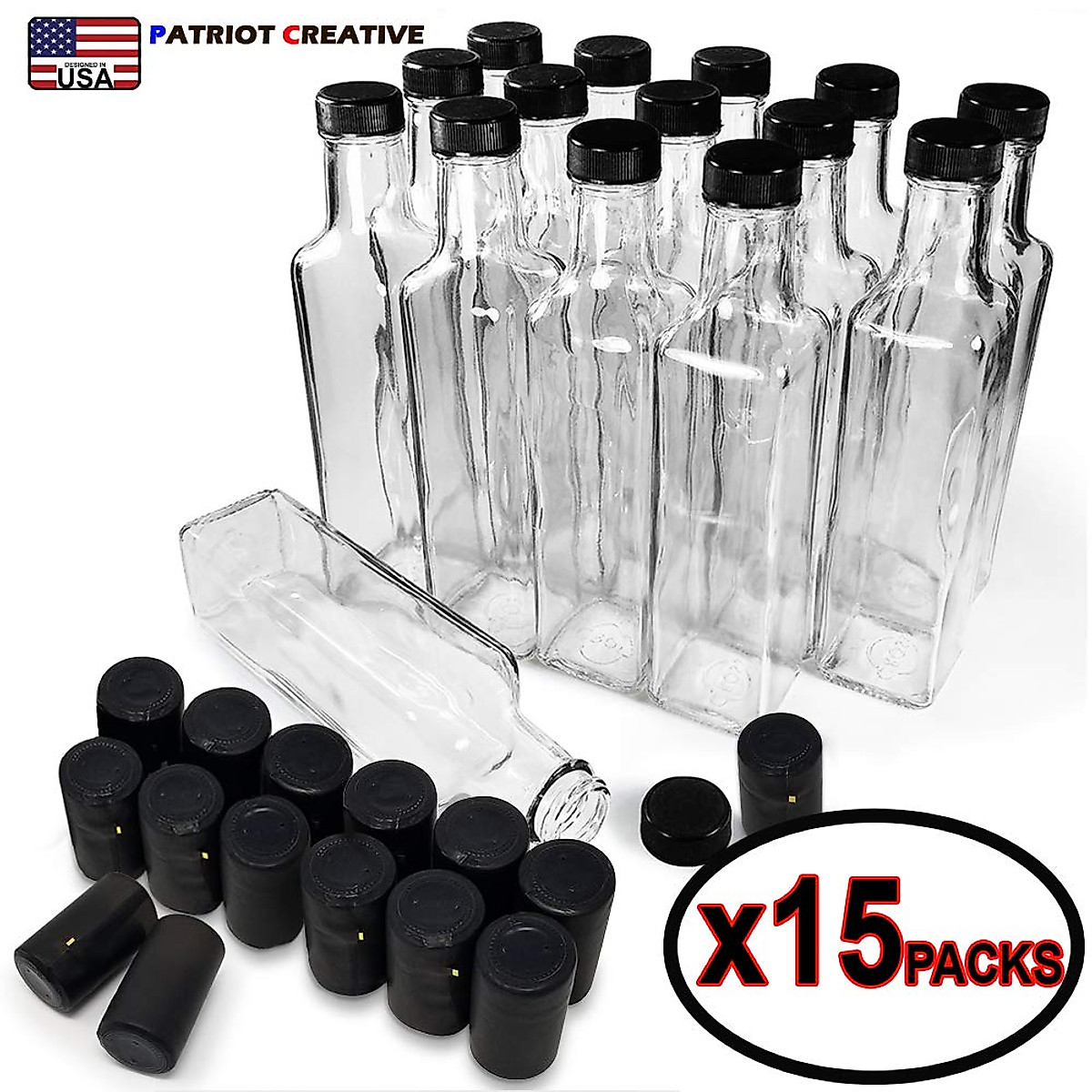Quadra Bottles 8.5 Oz 15 Sets of Premium Commercial Grade Glass Square Bottle Leak Proof Airtight Plastic Screw Cap Lids Shrink Capsule - European Marasca 8.5 oz Bottle (Black 15Sets 8.5oz 250ml)