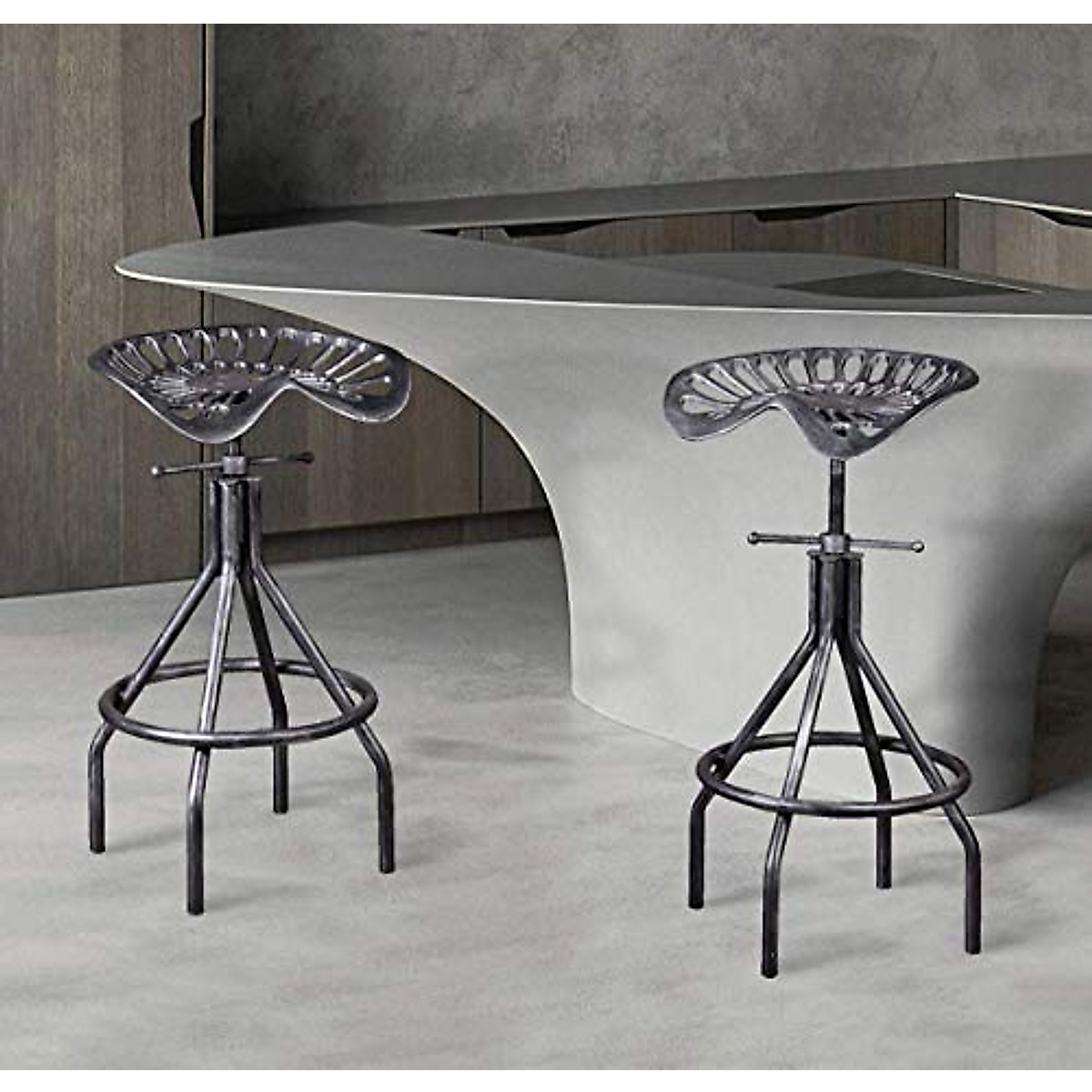 Lisuden Industrial Tractor Seat Barstools Farmhouse Cast Iron Adjustable Counter Height Stools Swivel Kitchen Saddle Bar Stools Set of 2 Metal Black Brush Silver Dining Chair 24"-30"