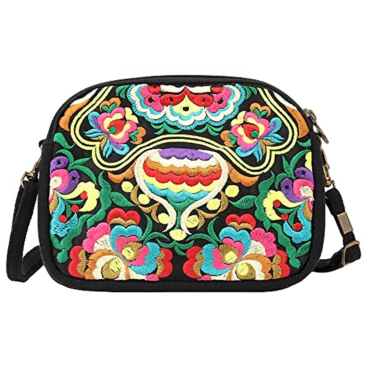 SILKAREA Embroidered 3 zip Small Crossbody Bag Cell Phone Purse Shoulder Wallet Handbags Wristlet Clutch Bag for Women (Yellow)