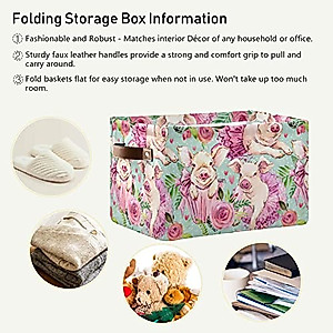 Watercolor Animal Pig Flower Square Storage Basket Bin Canvas Fabric Compressible Organizer Basket with Handle for Bedroom Nursery Office, 1PCS