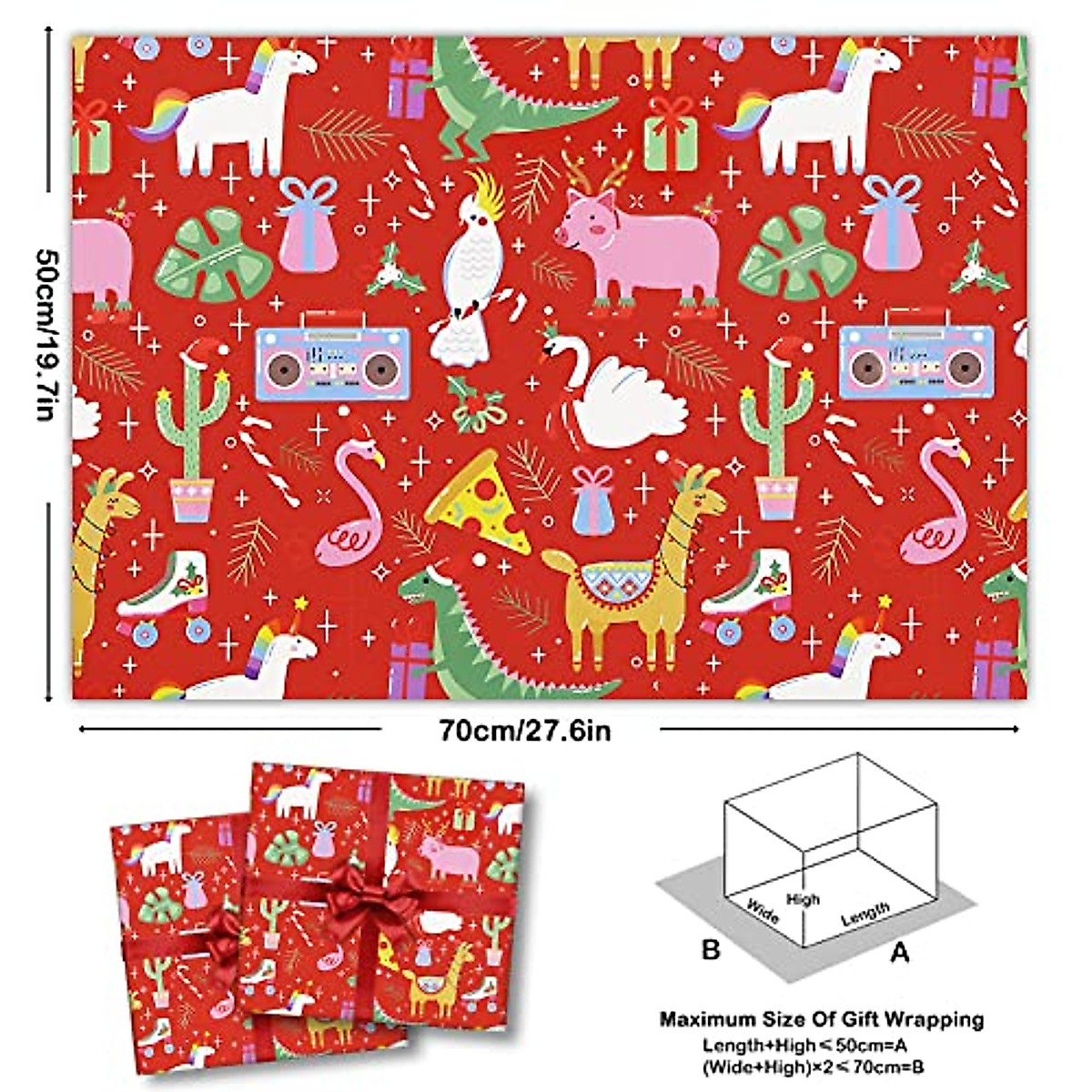 Birthday Gift Wrapping Paper Christmas for Kids Girls Boys 4 Sheets,28 x 20 Inch Per Sheet, Animal Xmas Pattern Folded Flat Red Gift Wrap for 1st Birthday Party Baby Shower Holiday Kindergarten and More