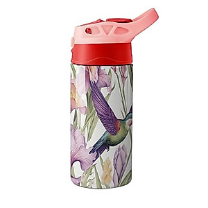 Stainless Steel Water Bottles Hummingbirds Irises Flowers Travel Water Cups with Handle And Silicone Straw Drinking Cup with Leak Proof Lid Thermo Travel Mug for Women Men