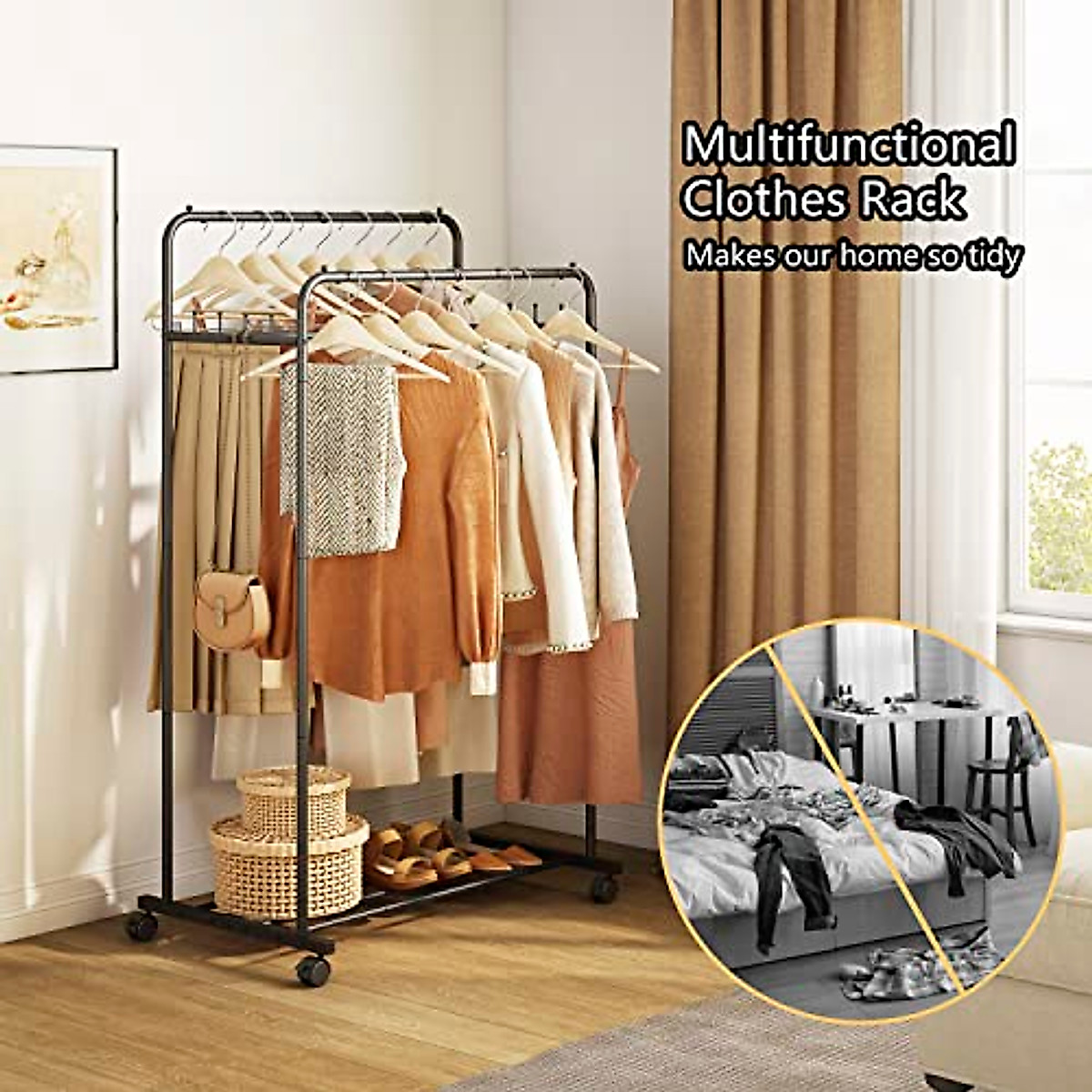 Hoctieon Double Rod Garment Rack,Clothes Rack on Wheels,Portable Clothing Racks for Hanging Clothes,Closet Hanger Rack with Shelves Black