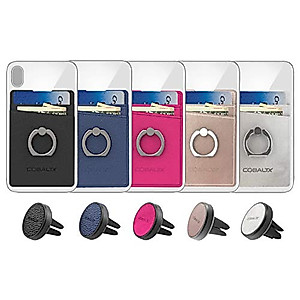 COBALTX Leather Cell Phone Ring Wallet Adhesive and Matching Magnetic car Vent Mount Card Holder Back of Phone All in one Combo Wallet Ring Grip Kick Stand Phone Wallet Stick on with Ring (Hot Pink)