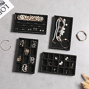 Frebeauty Jewelry Organizer Tray,Stackable Velvet Jewelry Trays,Drawer Inserts Earring Organizer For Women Jewelry Storage Display Case for Rings Stud Necklaces,Set of 4(Black)