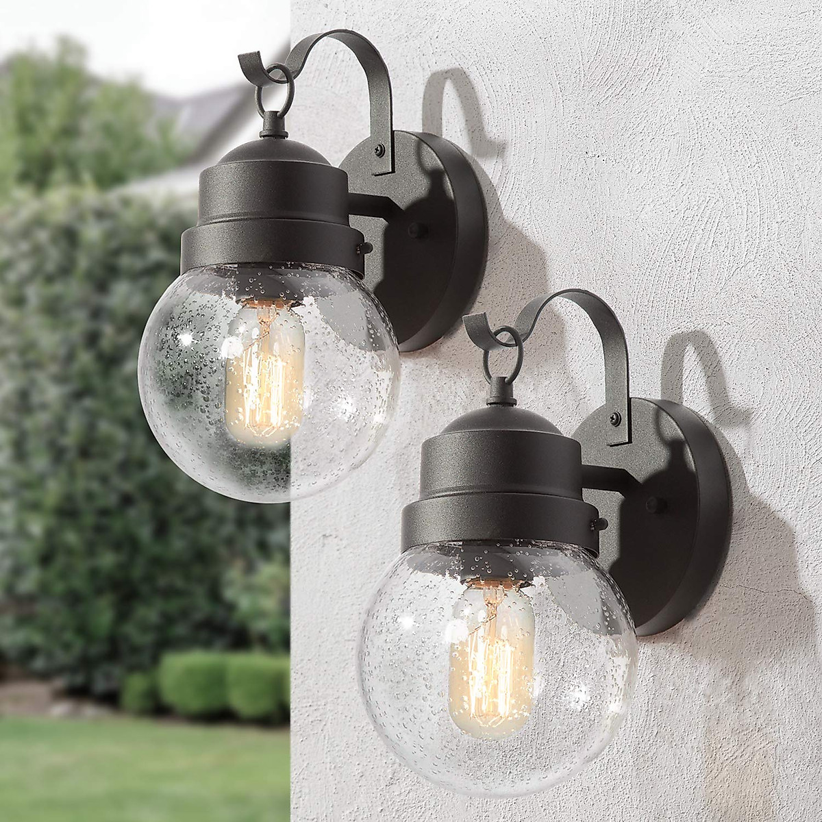 KSANA Outdoor Sconces Wall Lighting Set of 2, Rust-Proof Exterior Wall Lights with Bubble Glass, Globular Outdoor Light Fixtures for Porch, Yards, Patio, Garden, Balcony, Hallway, Black Finish