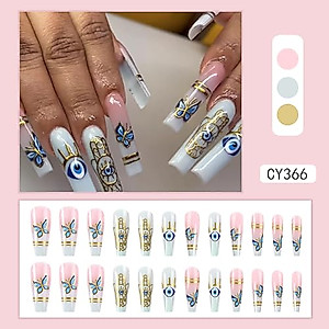 Fall Press on Nails Long Square Fake Nails with Eyeball and Butterfly Designs Acrylic Nails Autumn Glossy False Nails White Glue on Nails for Women 24PCS