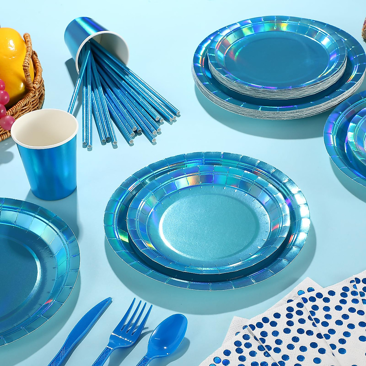Iridescent Blue Party Supplies Decorations Serve 25, Holographic Blue Paper Plates and Napkins, Disposable Iridescent Party Plates Cups Napkins for Wedding Anniversary Birthday Bridal Shower Party