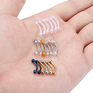Hoeudjo 18Pcs 16G Surgical Steel Eyebrow Ring Curved Barbell Eyebrow Piercing Body Jewelry for Women Men 10mm (3/8") Silver-tone Rose Gold Black Clear