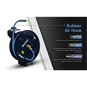 BLUBIRD BBR1265 18ga. Retractable Hose Reel with 1/2" x 65' Air Hose, 12 Point Ratcheting Gear, Next-Gen Rubber, Lightest, Strongest, Most Flexible, 300 PSI, 50F to 190F Degrees, Polyester Braided