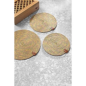 Round Natural Jute Rope Set of 3 Trivet Mats Pot Holder Hot Pads Plate Holder Coasters (Greenish Thread)