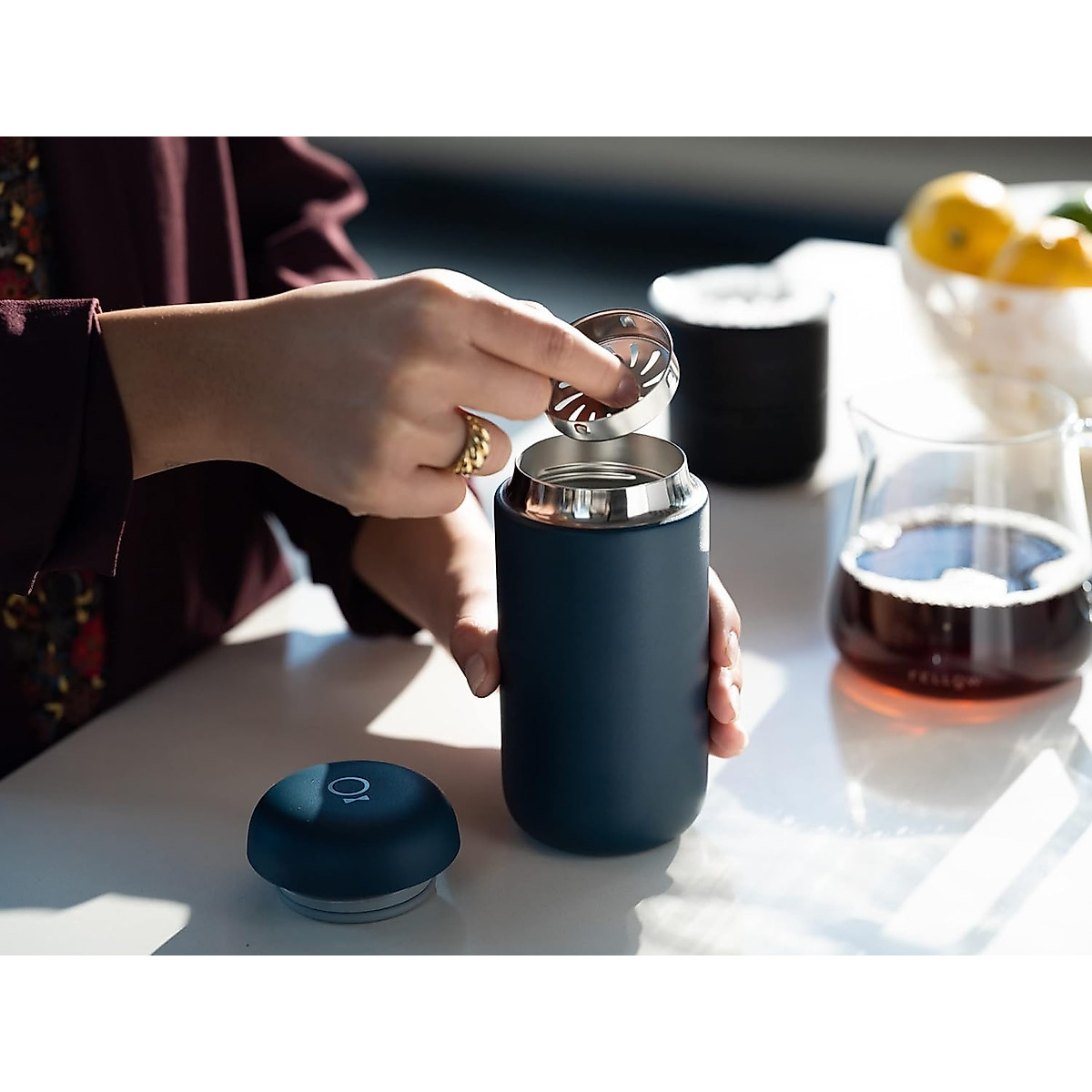 Fellow 16 oz Carter Move Travel Mug - Vacuum-Insulated Stainless Steel Travel Coffee Mug - Coffee Tumbler with Ceramic Interior and Splash Guard - Stone Blue